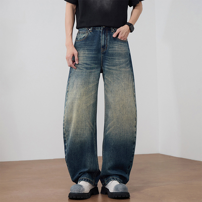 蓝色阔腿牛仔裤男2026新款美式ins高街直筒裤男款春秋款宽松裤子