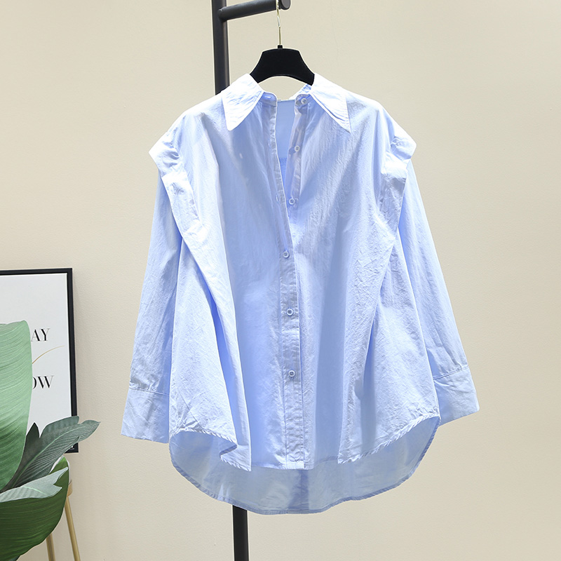 蓝色荷叶边大版衬衫女秋装2023新款宽松慵懒风设计感衬衣别致上衣_虎窝淘