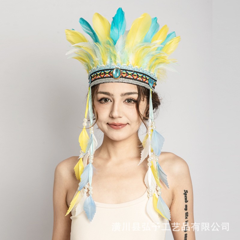 跨境印第安羽毛头饰发带鸵鸟毛亮片头戴化妆舞会节日表演演出配饰