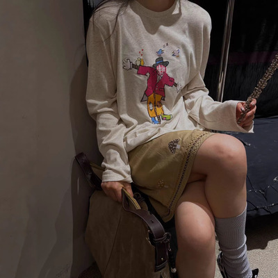 好看～趣味稻草人印花长袖T恤女春季大码宽松慵懒风显瘦打底上衣