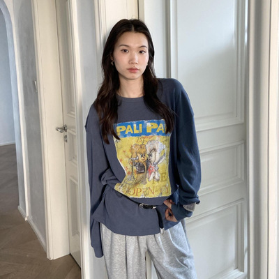 冲三冠～小众设计YY宽松宠物俱乐部摇滚印花长袖T恤女26早秋新款