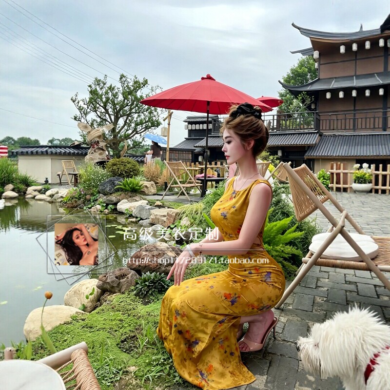 【香云纱旗袍】御姐复古气质无袖印花镂空修身包臀后开叉连衣裙