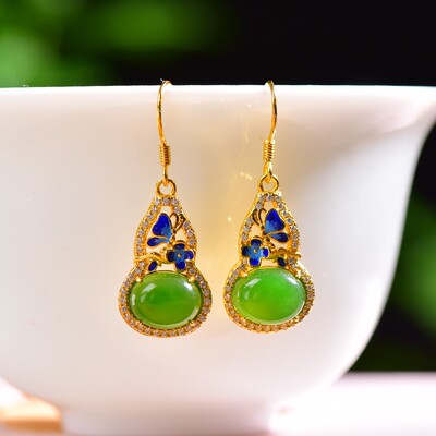 S925银镶嵌和田玉碧玉蛋面珐琅蝶恋花葫芦耳坠天然耳饰耳环17090