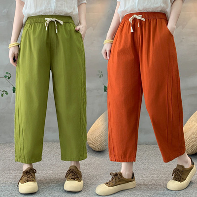 夏季新款绢棉八分裤女松紧腰裤子阔腿裤宽松休闲棉麻大码直筒女裤