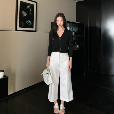 老钱风白色八分直筒裤阔腿裤