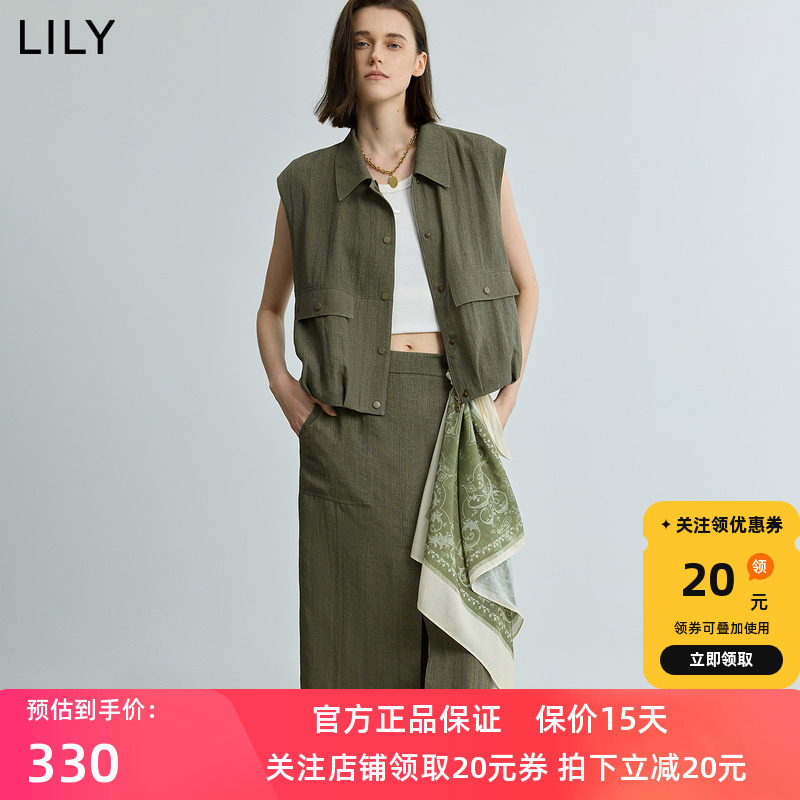 LILY2025秋新款复古工装无袖翻领宽松休闲百搭通勤马甲背心女上衣