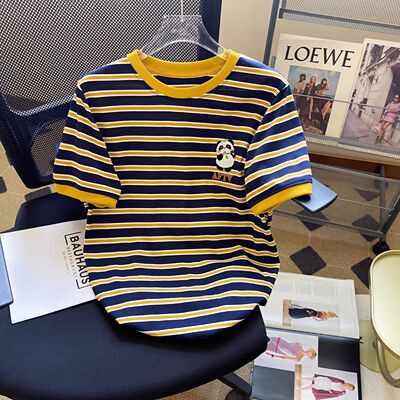 欧货百搭条纹刺绣短袖t恤上衣女