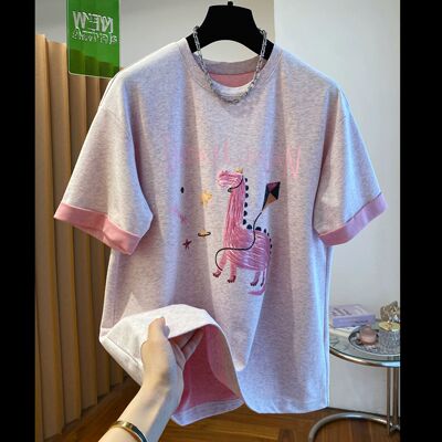 美式撞色t恤大码女装短袖夏季