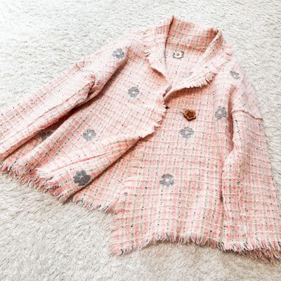 45R 粉色格纹 100羊毛 刺绣花朵 外套 无扣 短款 开襟 夹克日本制