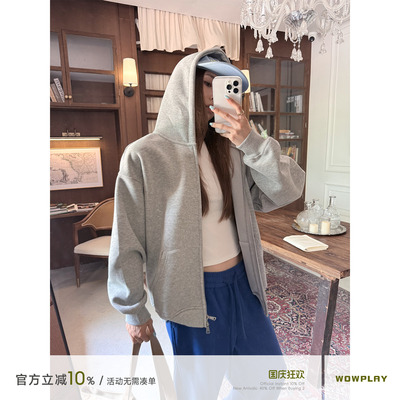 杨九七美式复古连帽开衫卫衣女