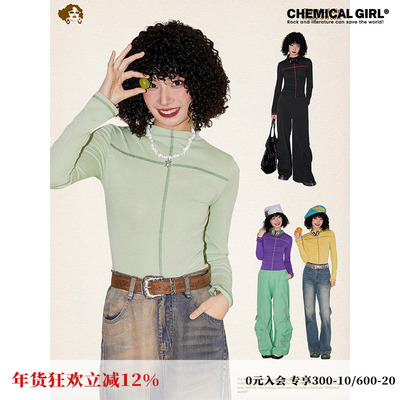 化学少女高领撞色线迹长袖T恤