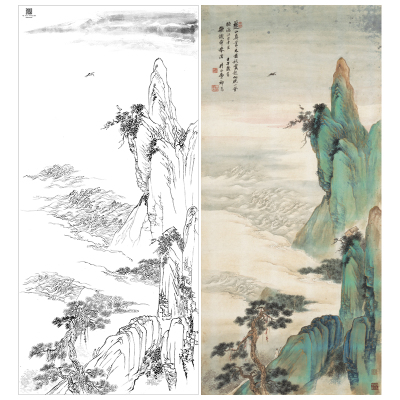 【大彩图】祁昆工笔画白描底稿《金碧青绿山水轴》临摹打印稿A648