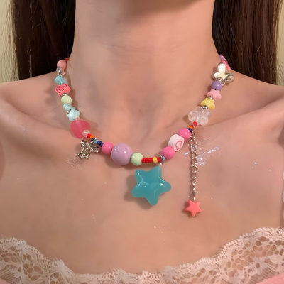 HEY TAO彩色多巴胺星星串珠项链女y2k甜酷辣妹锁骨链个性颈链配饰