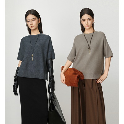 Chicnine | 蝙蝠袖平板纯色针织衫圆领羊毛半袖复古设计感高端