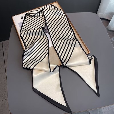 高端黑色长条丝巾女飘带围脖