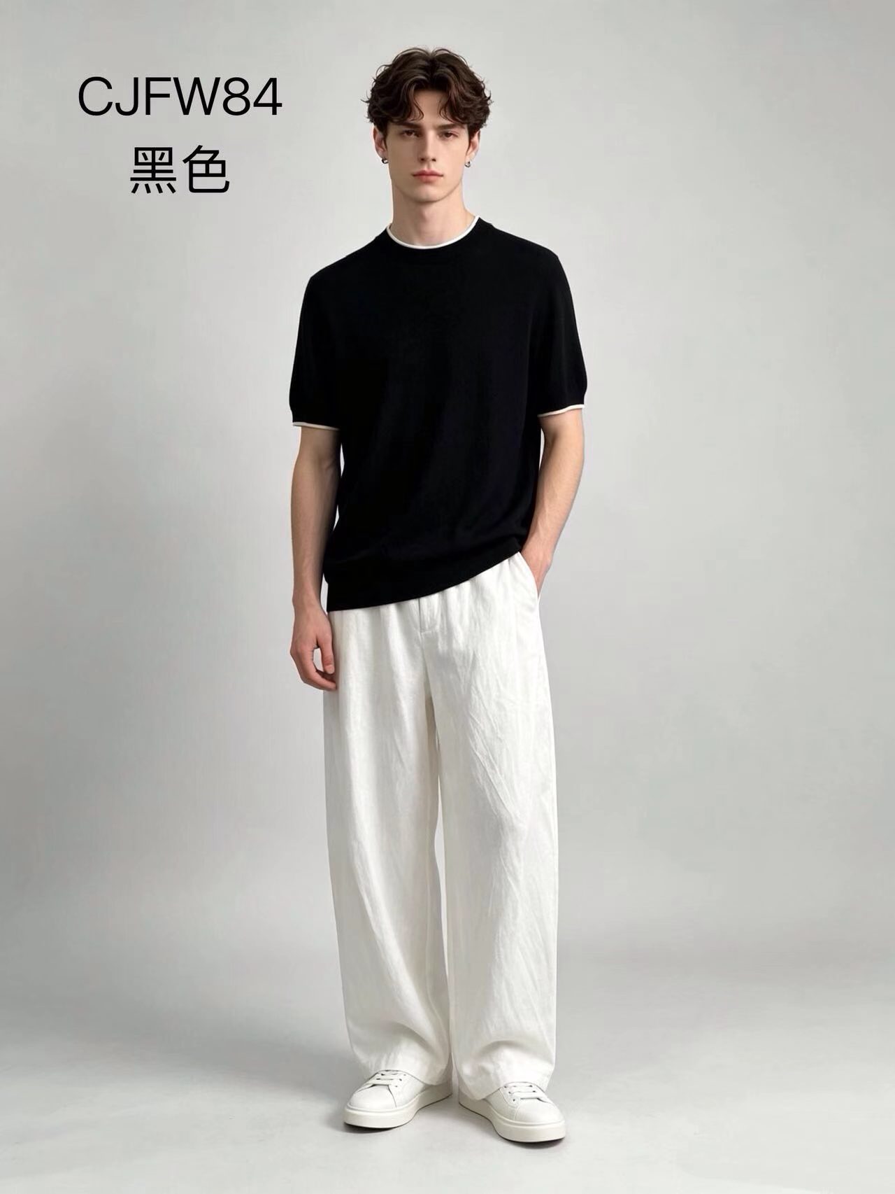 YiRAN男装 100%丝光羊毛单面平纹假两件撞色短袖圆领针织T恤上衣