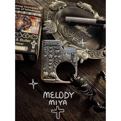 MELODY弥桠银色做旧复古十字架猫狗肯恩滚轮充气卡通打火机