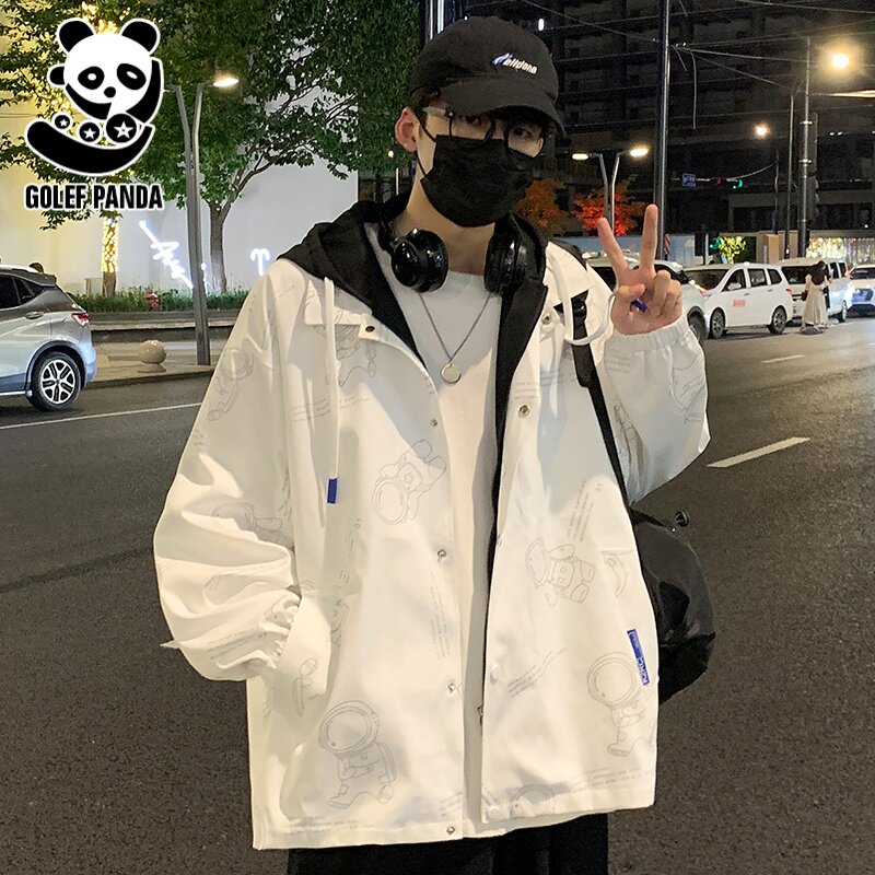 高尔夫熊猫大码男装秋季连帽夹克男宽松印花外套潮流休闲百搭上衣