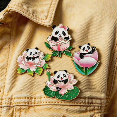 Panda Flower Enamel Pins Peony Lotus Tulip Rose Metal