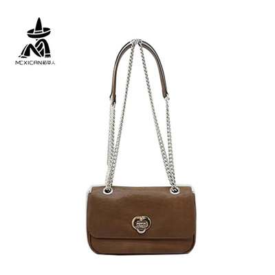 稻草人牛皮女包2025夏季新款时尚休闲复古单肩斜挎腋下链条小方包