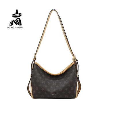 稻草人女包2025新款时尚百搭高级印花拼接撞色单肩斜挎水桶托特包