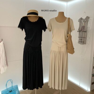 WGWE夏季韩版蕾丝拼接圆领短袖T恤+极简风休闲半身裙套装女W9637