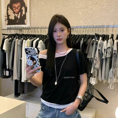 MZI STUDIO夏日韩调网纱拼接百搭宽松显瘦假两件露肩短袖T恤13317
