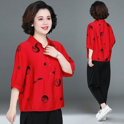 中年棉质妈妈夏装中袖洋气大码休闲翻领衬衫宽松中老年女装上衣潮