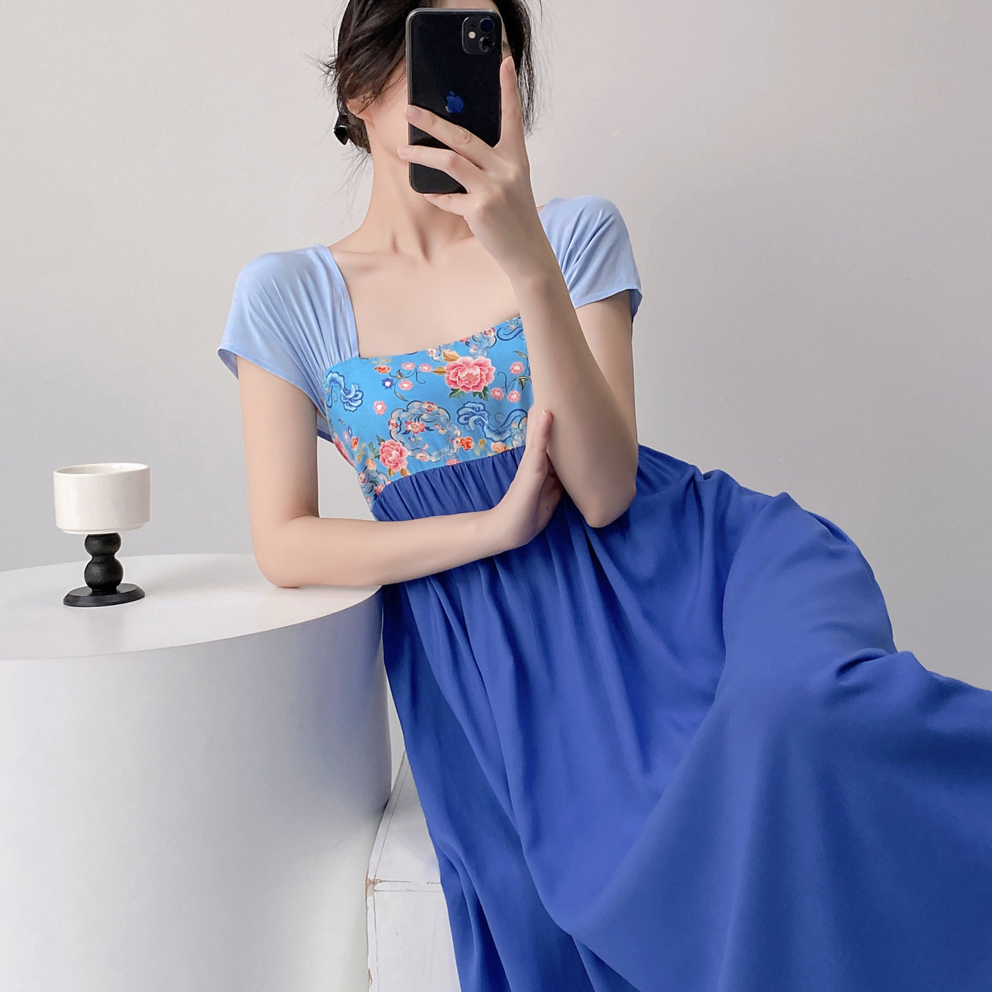 汉服睡裙女夏季方领短袖裙子纯欲国风系带家居服连衣裙可外穿棉绸