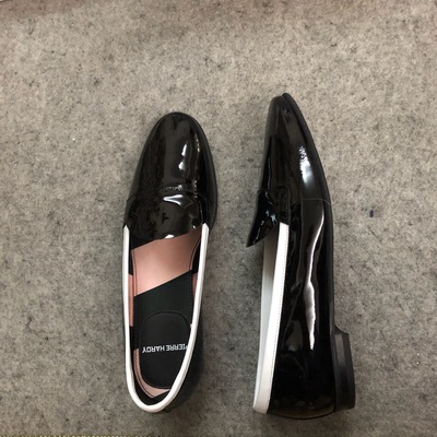 美国拼色漆皮圆头乐福鞋