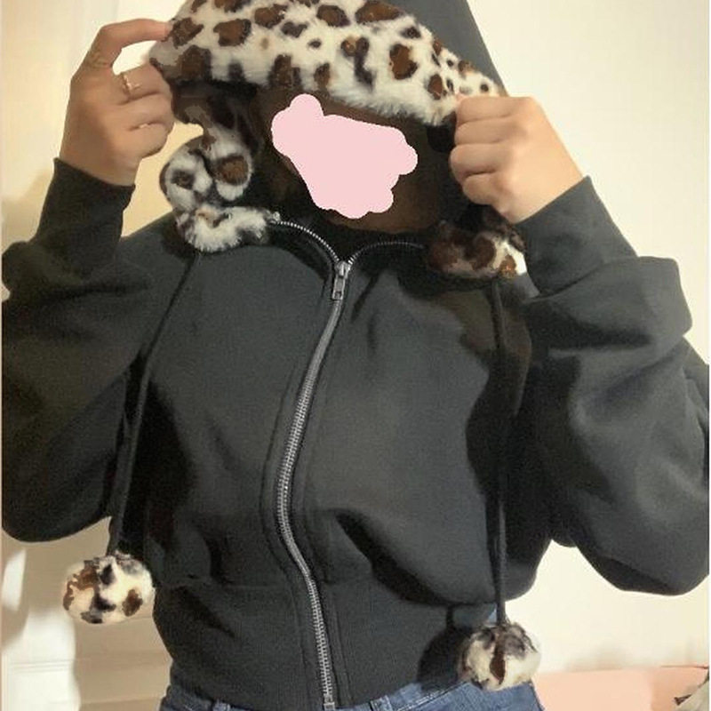 豹纹毛边带帽宽松收腰开衫卫衣美式辣妹毛球撞色休闲百搭短外套