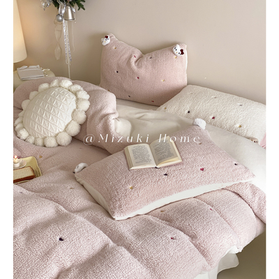 Girlish·爱心喵·粉色肉感牛奶绒床上四件套冬季少女心加绒被套