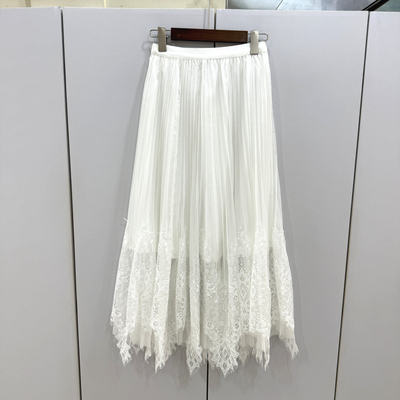 经典之美9028欧洲站26春时尚松紧高腰蕾丝拼接下摆中长百褶半身裙