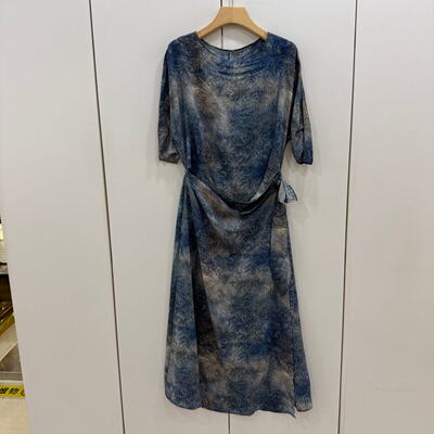 L68985欧洲站时尚复古花假两件圆领设计感系带围裹式中长连衣裙夏