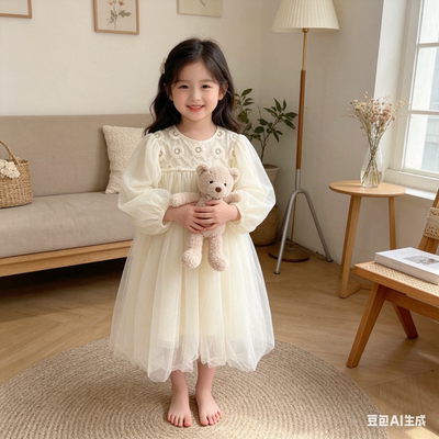 LOVI春夏女童甜美灯笼袖纱裙