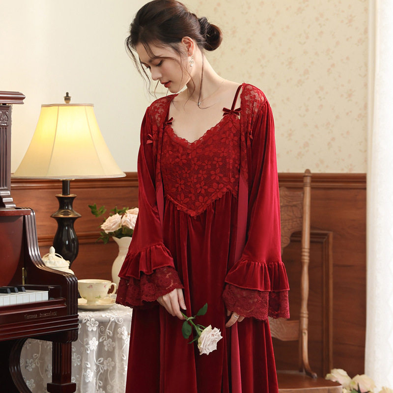 长袖睡袍女金丝绒睡裙新娘晨袍法式保暖睡衣可外穿家居服套装