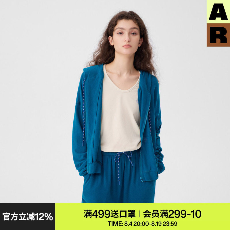 AR「softnotes」纯色棉莫代尔宽松连帽衫卫衣蓝色上衣长袖外套女