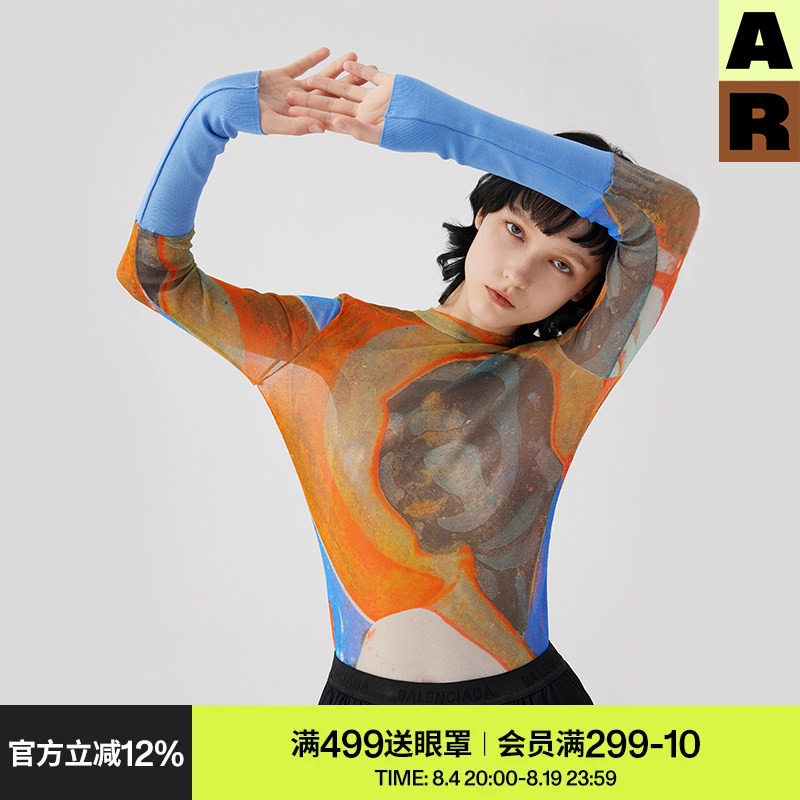 AR亮眼穿搭|涂鸦印花网纱打底衣上衣女复古基本百搭长袖内搭透气