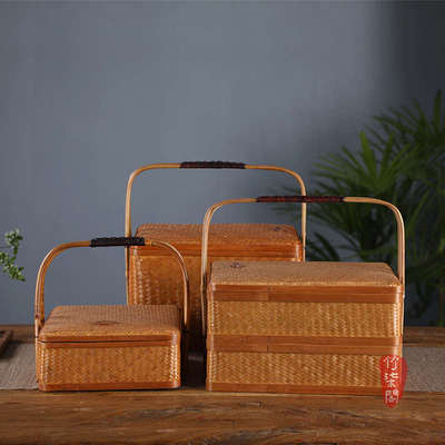 手工竹编藤编提篮中式食盒茶点盘茶具手提点心篮子竹篮收纳筐双层