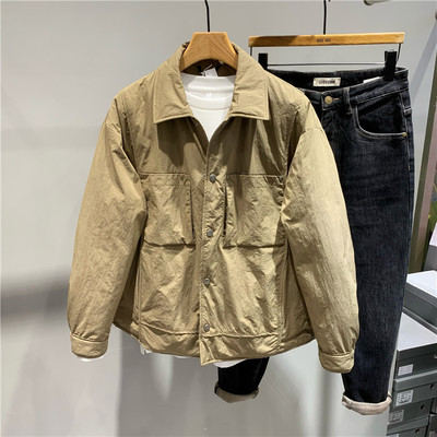 假两件拼接翻领短款羽绒服男