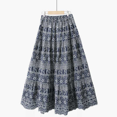 秋冬韩系花朵镂空重工棉布刺绣高腰显瘦中长a字大摆沙滩半身伞裙