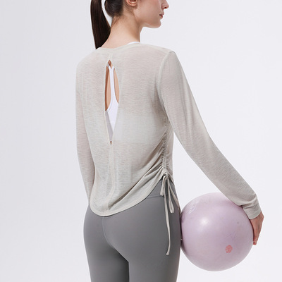 微透薄款美背镂空系带健身长袖T恤普拉提瑜伽罩衫1428