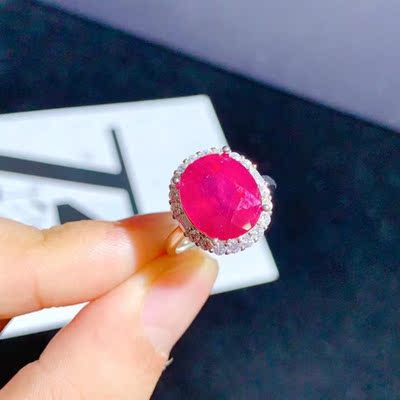 大克拉天然红宝石戒指925银白金10x12鸽血红宝石食指戒大颗粒宝石