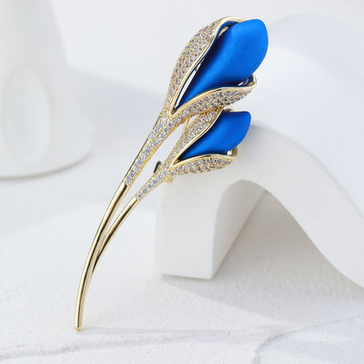 新款高档奢华蓝色郁金香胸针铜胎