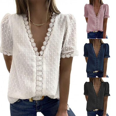 Fashion women's 2021 summer new solid color v-neck top