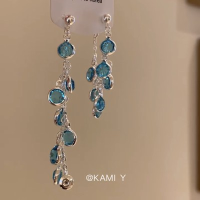 银针森系超仙蓝色水晶流苏耳环精致轻奢气质绝美耳坠清冷感耳饰女