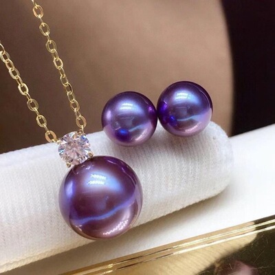 戴妃款镀18k金帝王紫珍珠吊坠耳钉套装 爱迪生淡水紫色珍珠项链