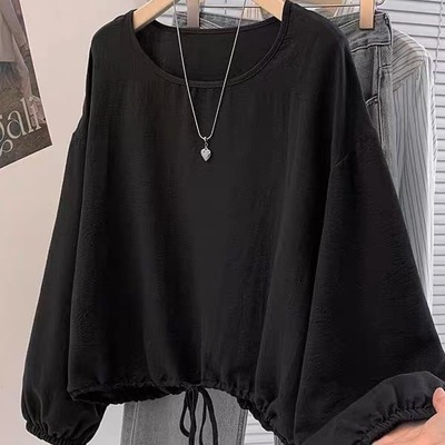 特大码300斤设计感抽绳收腰长T恤衫女胖mm宽松显瘦纯色慵懒上衣