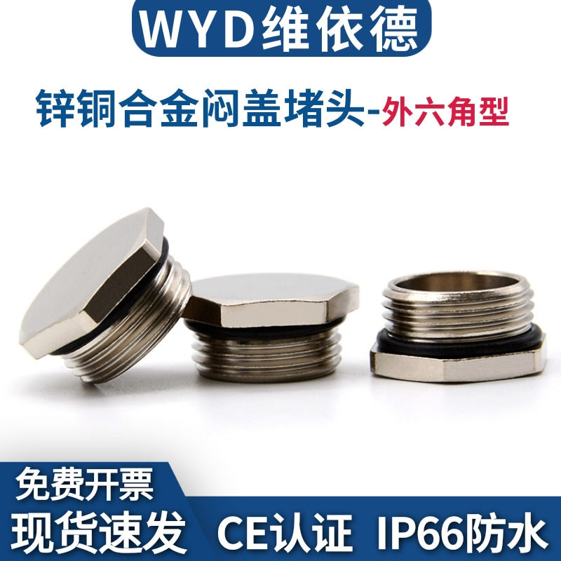 WYD外六角金属闷盖防水堵头铜合金镀镍旋入式塞头盲堵M20封堵