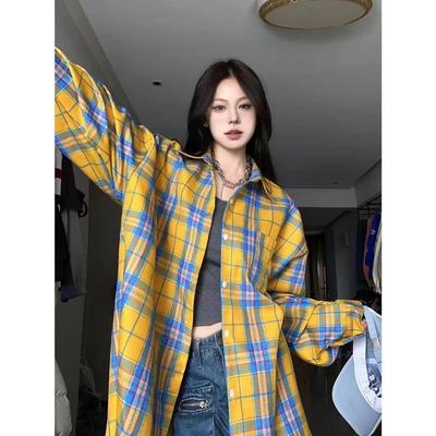 美式复古慵懒黄色格子衬衫夏季新款设计感气质宽松长袖防晒开衫女